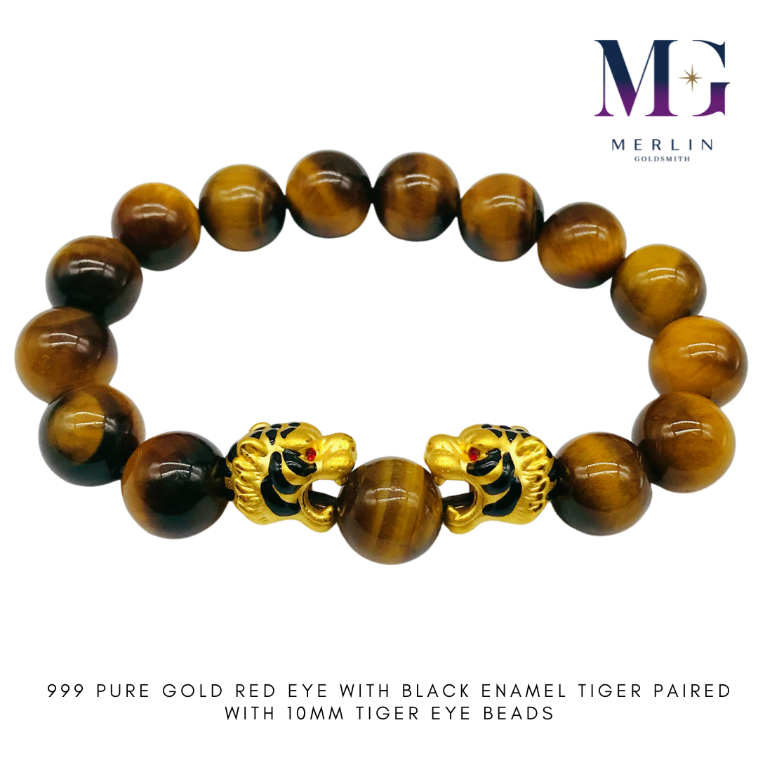 999 Pure Gold Red Eye With Black Enamel Tiger Paired With 10mm Tiger ...