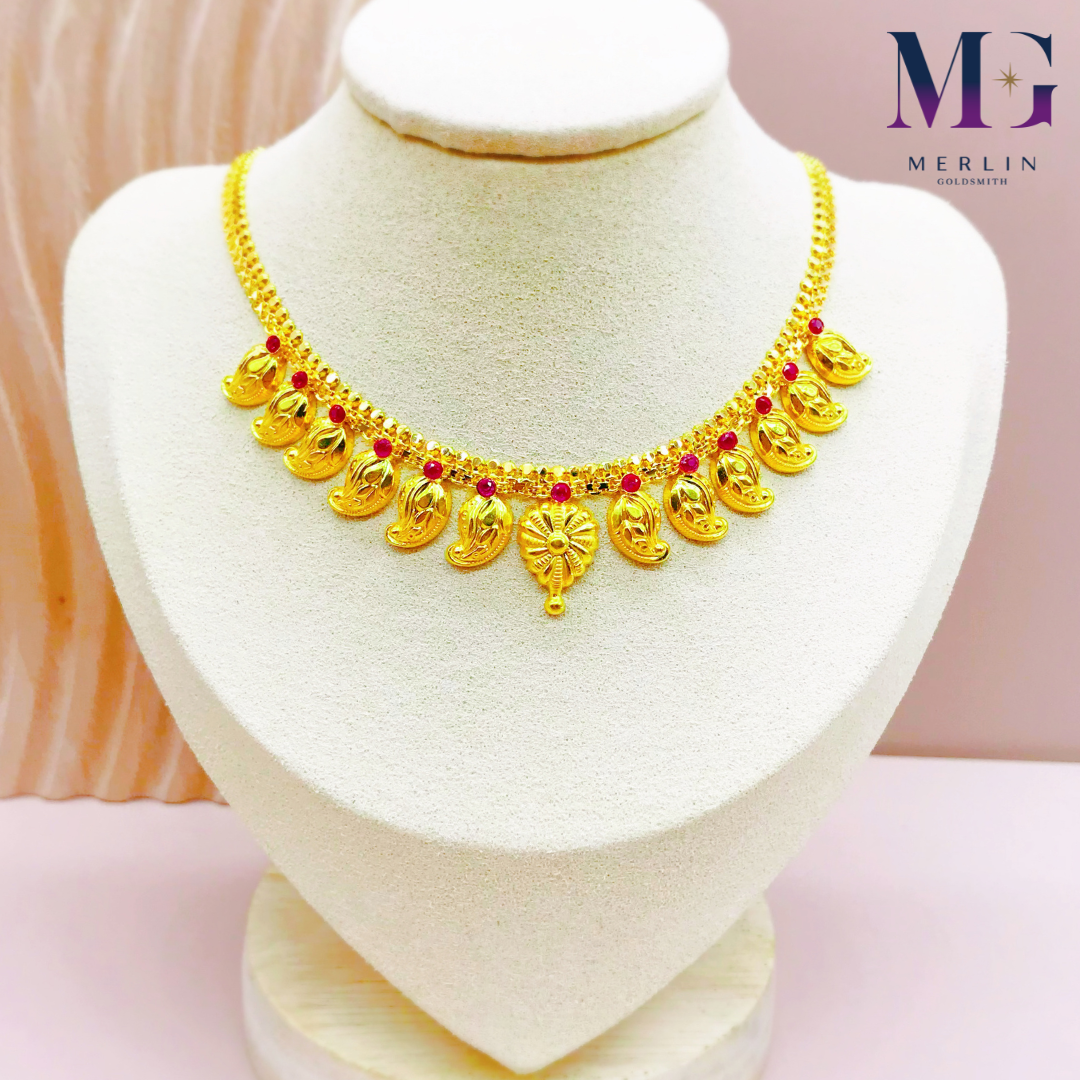 916 Gold (Short) Lightweight Manga Necklace Setting with Red Stones ...