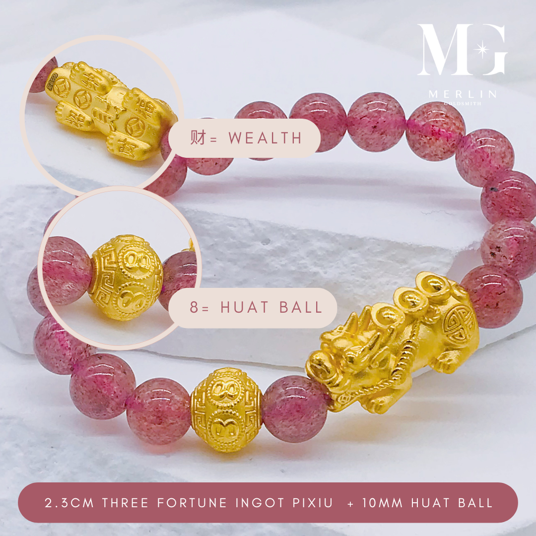 999 Pure Gold 2.3cm Three Fortune Ingot Pixiu + 10mm Huat Ball Paired ...