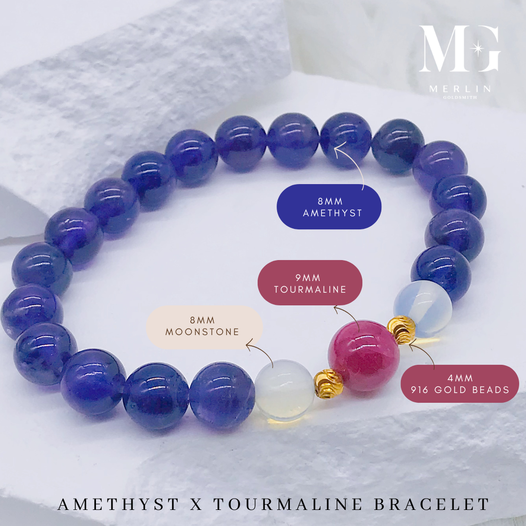 Amethyst x Tourmaline Beads Bracelet With 916 Gold Beads | Merlin Goldsmith