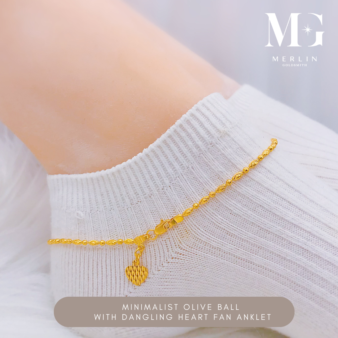 916 Gold Minimalist Olive Ball with Dangling Heart Fan Anklet | Merlin ...