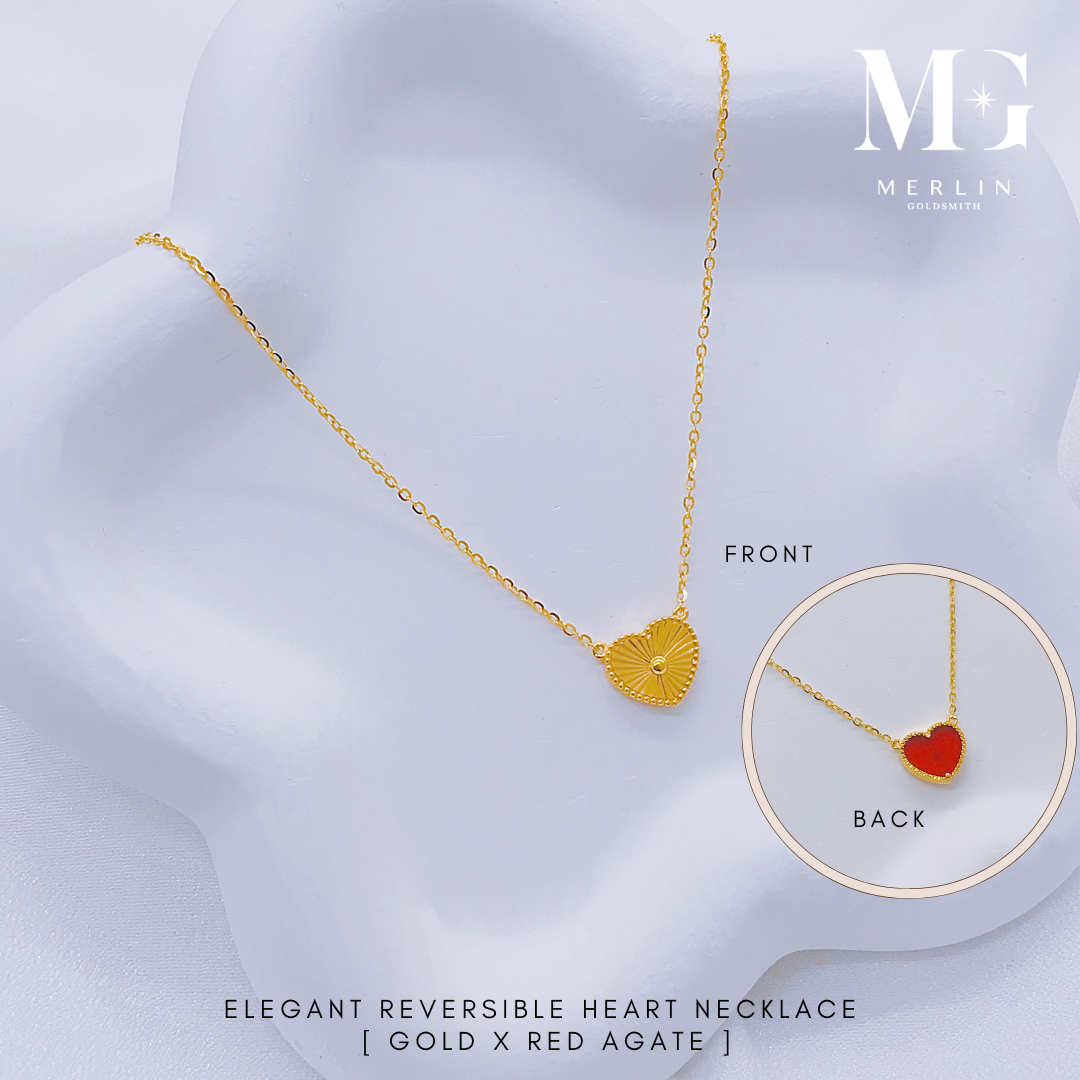 916 Gold Elegant Reversible Heart Necklace [Gold x Red Agate] | Merlin ...