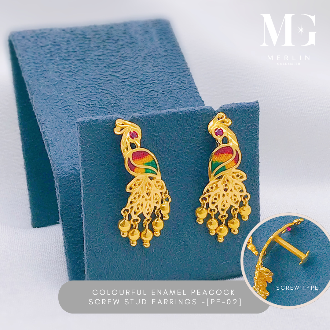 916 Gold Colourful Enamel Peacock Design Screw Stud Earrings [PE-02 ...