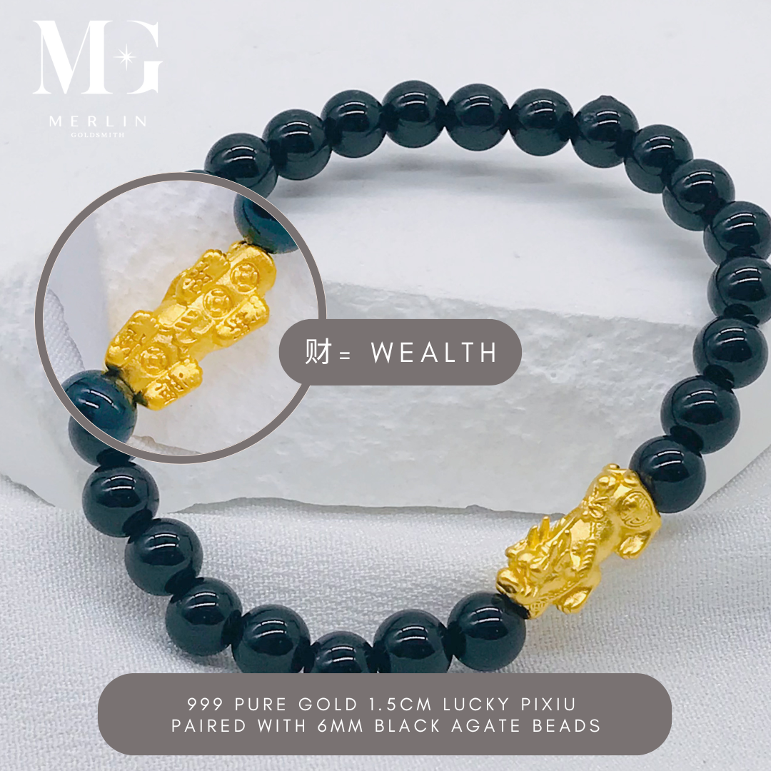 999 24k Pure Gold 1.5cm Lucky Pixiu Paired With 6mm Black Agate Beads ...