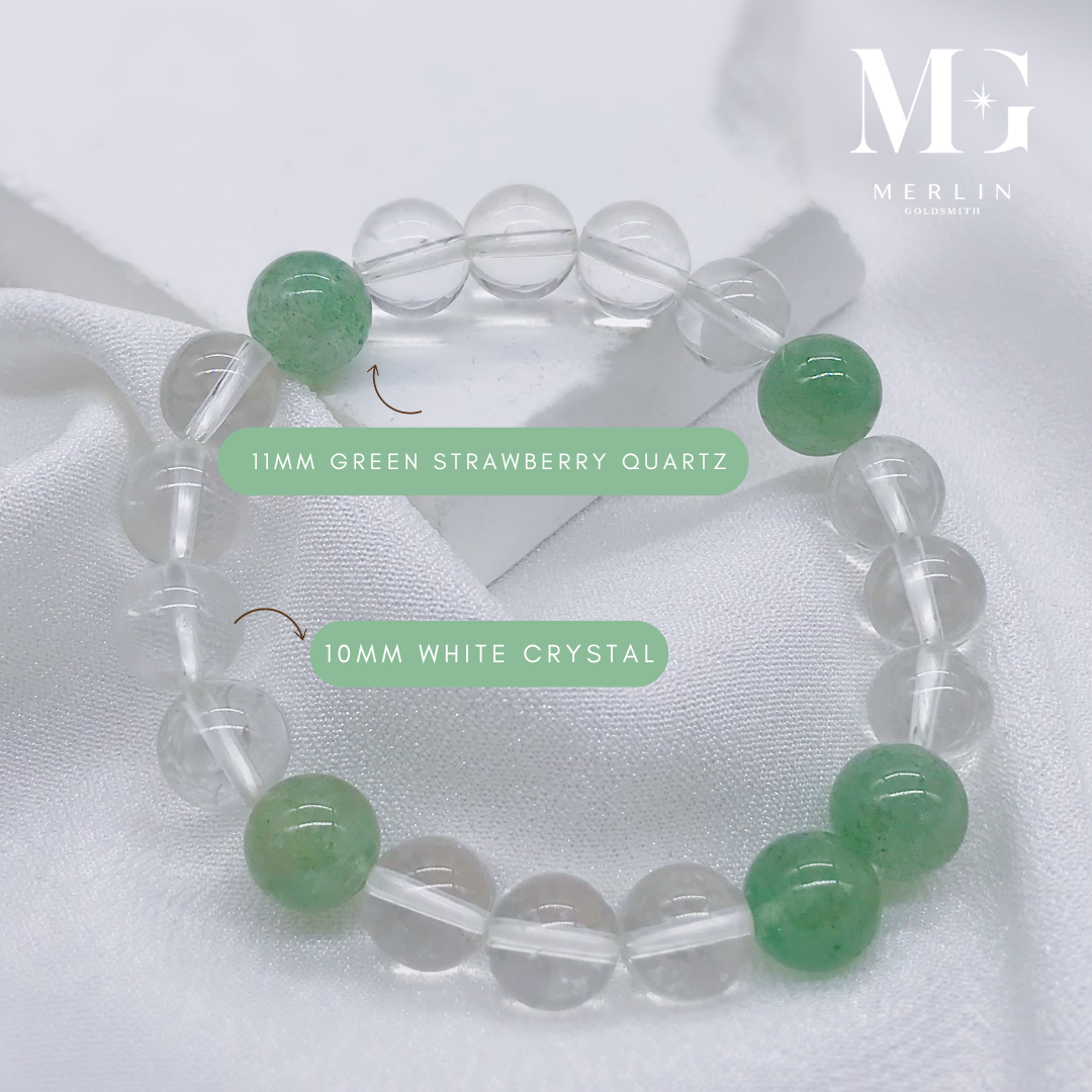 Green Strawberry Quartz x White Crystal Beads Bracelet | Merlin Goldsmith