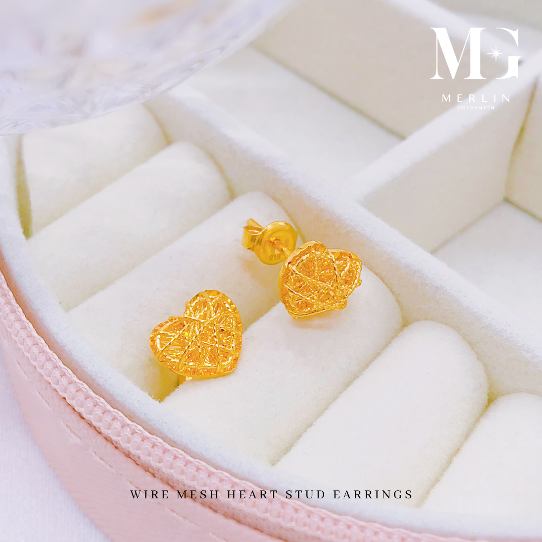 916 Gold Wire Mesh Heart Stud Earrings | Merlin Goldsmith