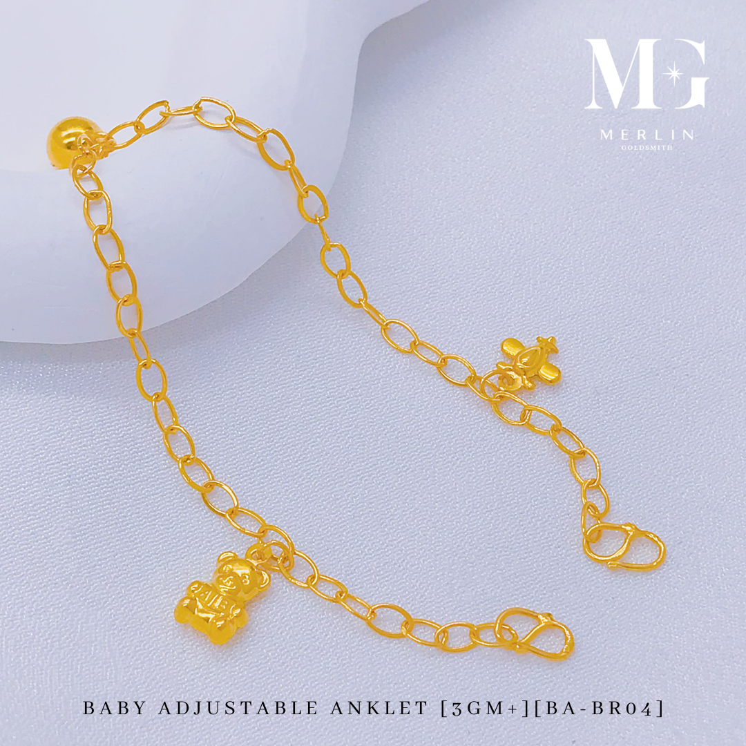 916 Gold Baby Adjustable Anklet with Dangling Teddy Bear / Bell ...