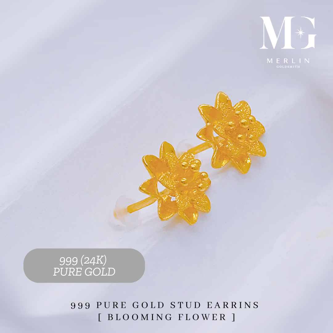 999 Pure Gold Blooming Flower Stud Earrings | Merlin Goldsmith